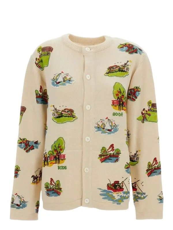 BODE Jacquard Pattern Wool Blend Cardigan - Nude