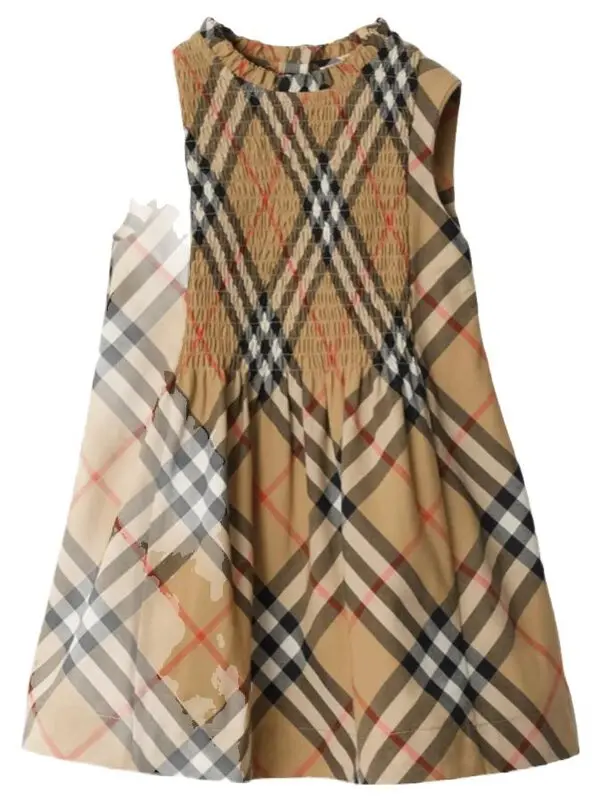 Burberry Check Cotton Poplin Dress With Smocked Bodice And Frilled Collar - Sand