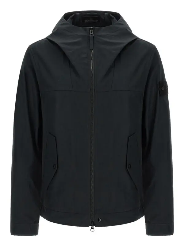Stone Island Logo Patch Zip-up Hooded Jacket - Black