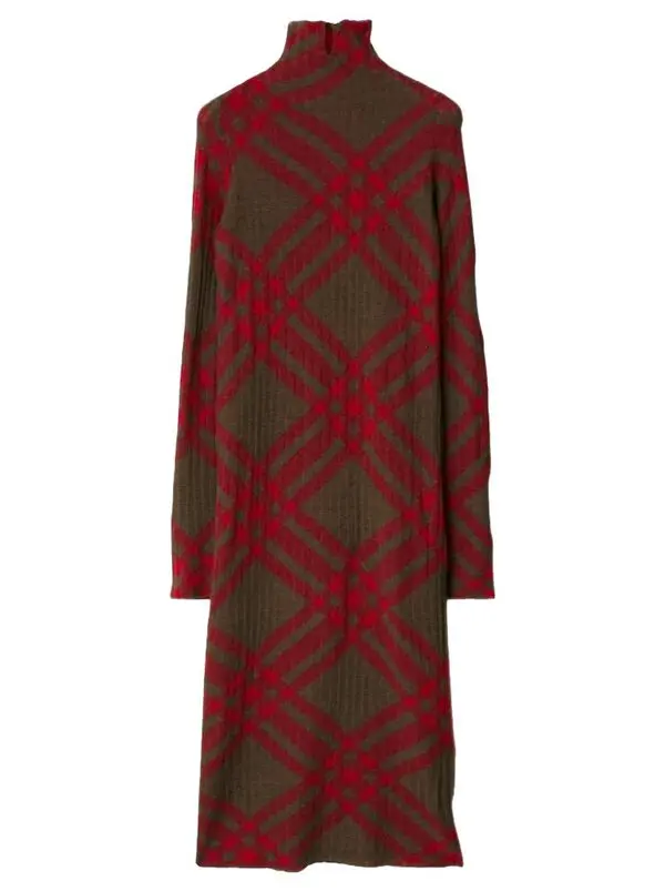 Burberry Checked Mock Neck Ribbed Knit Dress - Lake Color