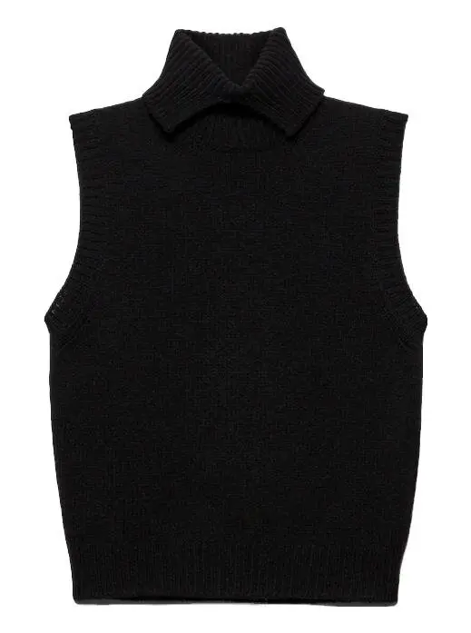 Prada Sleeveless Ribbed Knit Roll Neck Vest With Logo Detail - Black