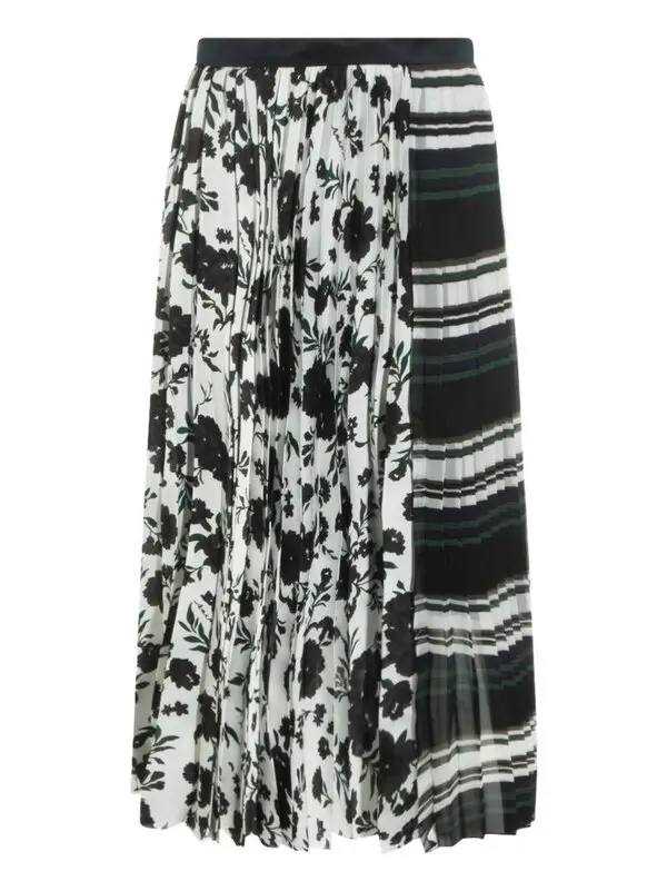 Sacai Pleated Floral And Striped Midi Skirt - Black