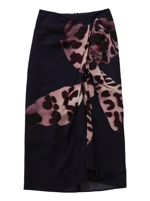 Dries Van Noten Draped Flared Skirt With Leopard Orchid Print - Navy Blue