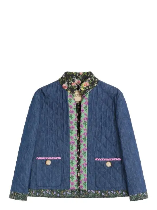 Valentino Garavani Quilted Floral Trimmed Denim Jacket - Blue