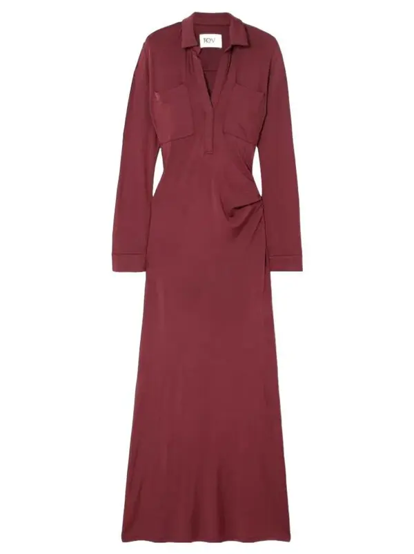 Tove Maxi Shirt Dress With V-neck And Gathered Waist - Red