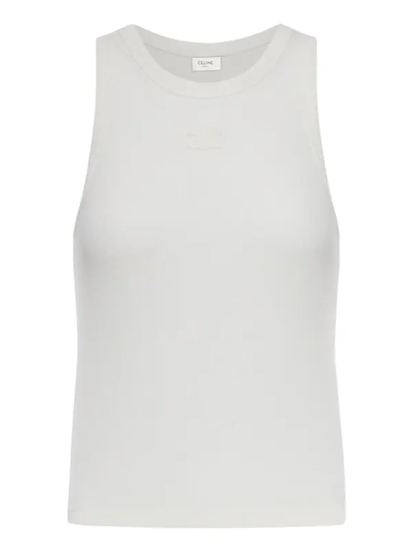 Celine Triomphe Ribbed Cotton Silk Tank Top - Off White