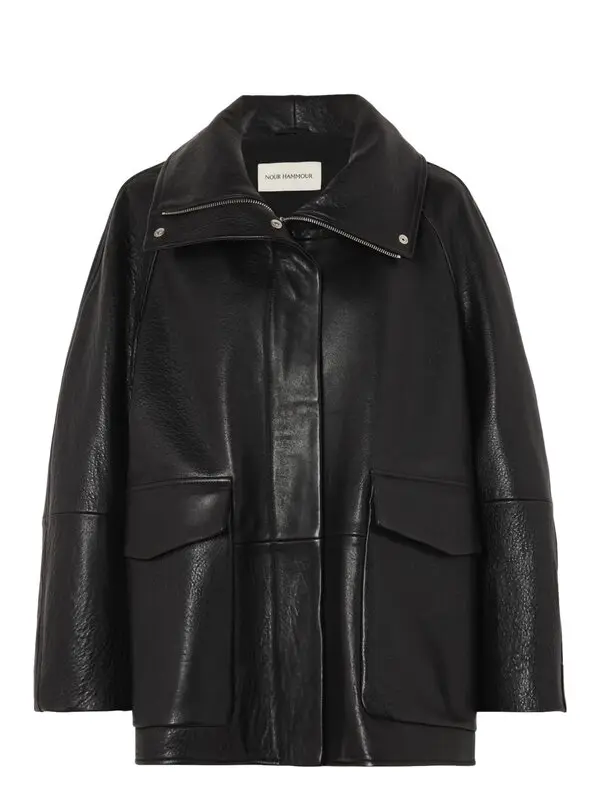 Nour Hammour Oversized Textured Leather Jacket - Black