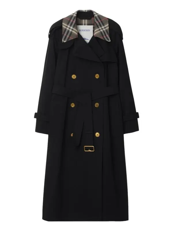 Burberry Long Check Collar Trench Coat - Black
