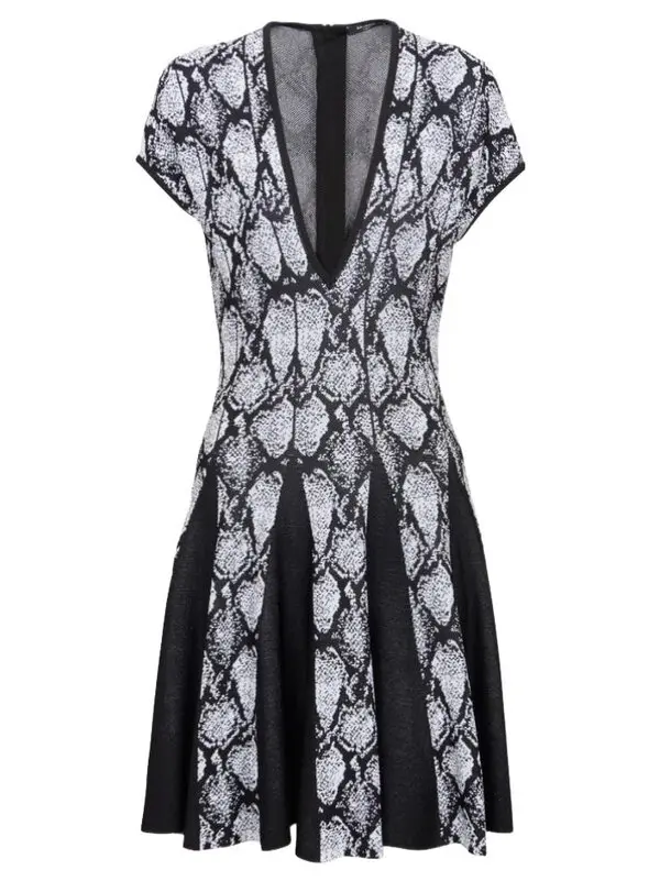 Balmain Snakeskin Jacquard V-neck Short Sleeve Dress - Gray