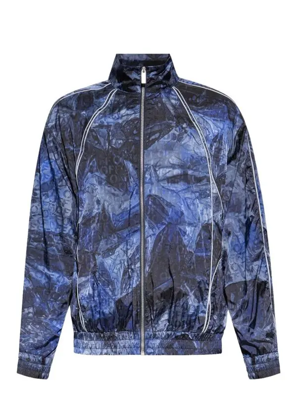 Off-White Crinkled Zip-up Windbreaker Jacket With Logo Pattern - Blue