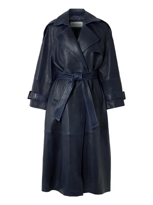 Nour Hammour Claudia Belted Leather Trench Coat - Navy Blue