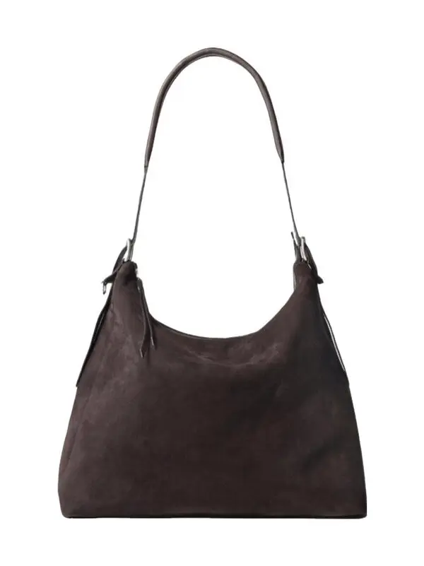 LEMAIRE Belted Hobo Bag In Suede Leather - Ebony Brown
