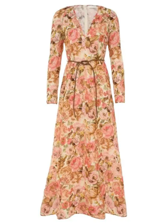 Zimmermann Floral Print Plunge Maxi Dress - Nude