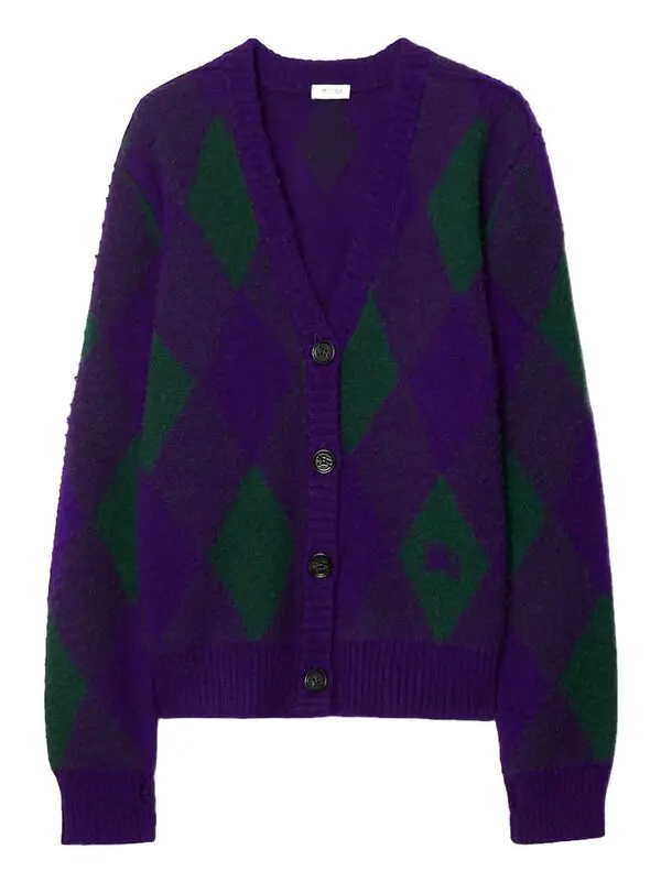Burberry Argyle Intarsia Knit V-neck Cardigan - Black