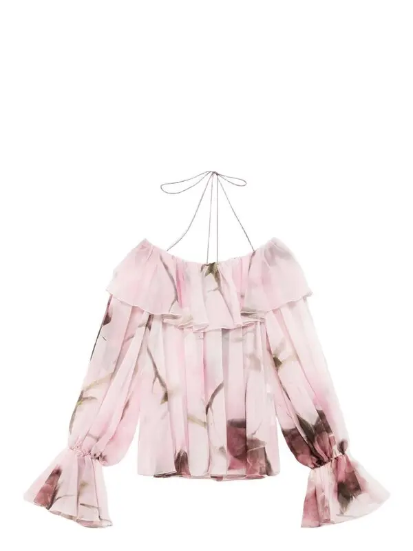 Blumarine Floral Print Off-shoulder Ruffled Silk Top - Pink