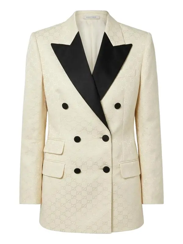 Gucci Double-breasted Gg Cotton Satin Blazer - White