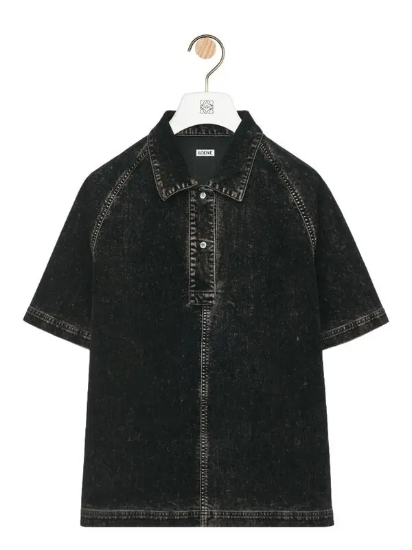 Loewe Denim Polo Shirt With Leather Patch - Black
