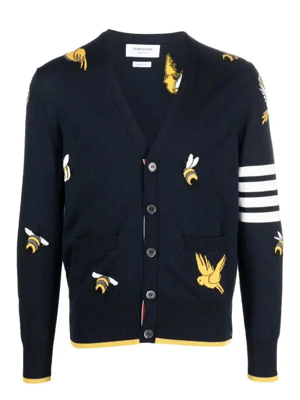 Thom Browne 4-bar Striped Intarsia Buttoned Cardigan - Navy Blue