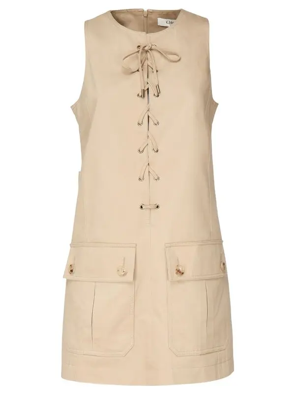 Chloé Sleeveless Lace-up Mini Dress With Pocket Details - Nude