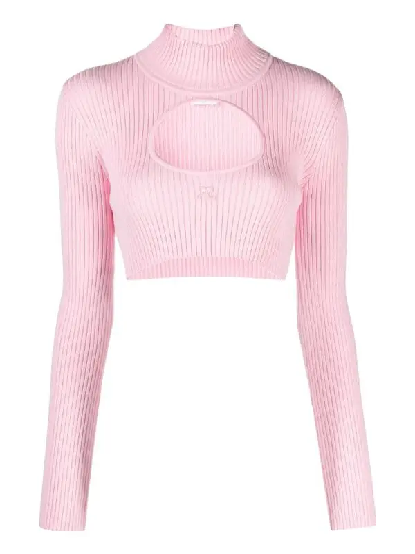 COURREGES Logo Embroidered Cut Out High Neck Sweater - Pink