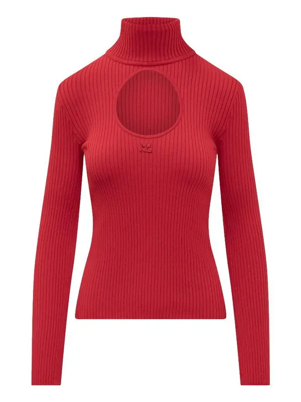 COURREGES Ribbed Cut-out Turtleneck Long Sleeve Sweater - Red