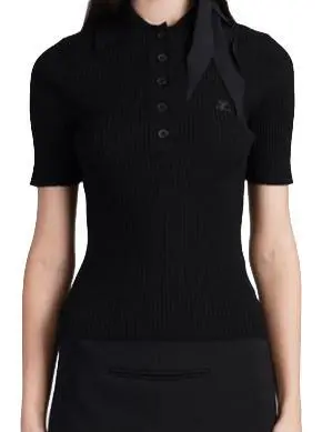 COURREGES Courrèges Short-sleeve Ribbed Knit Polo Shirt With Logo Detail - Black