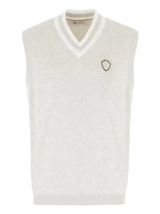 Brunello Cucinelli V-neck Logo Knit Top - Light Gray