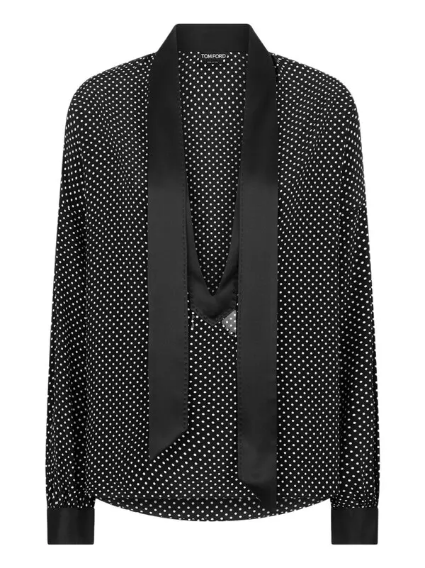 TOM FORD Polka Dot Satin Lavalliere Tunic Top - Black Off-white
