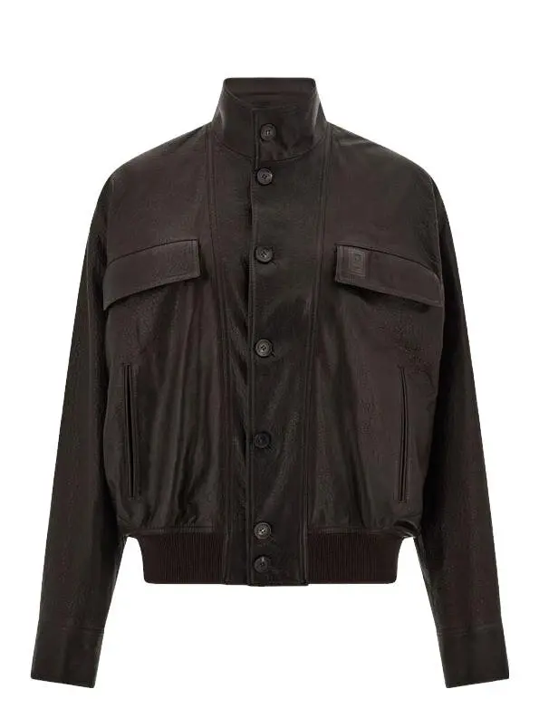 FERRAGAMO Textured Leather Blouson Jacket - Dark Brown