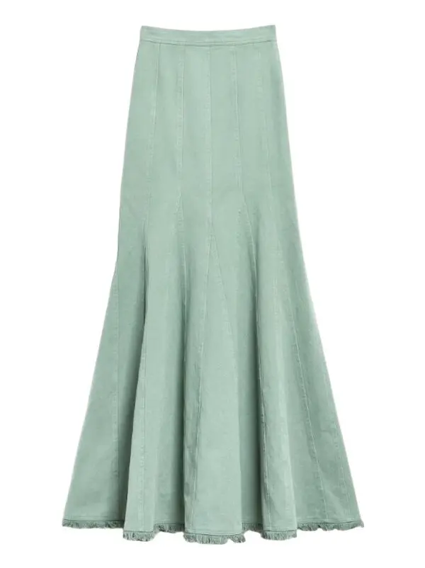 Max Mara Fluted Denim Maxi Skirt With Tasseled Hem - Green