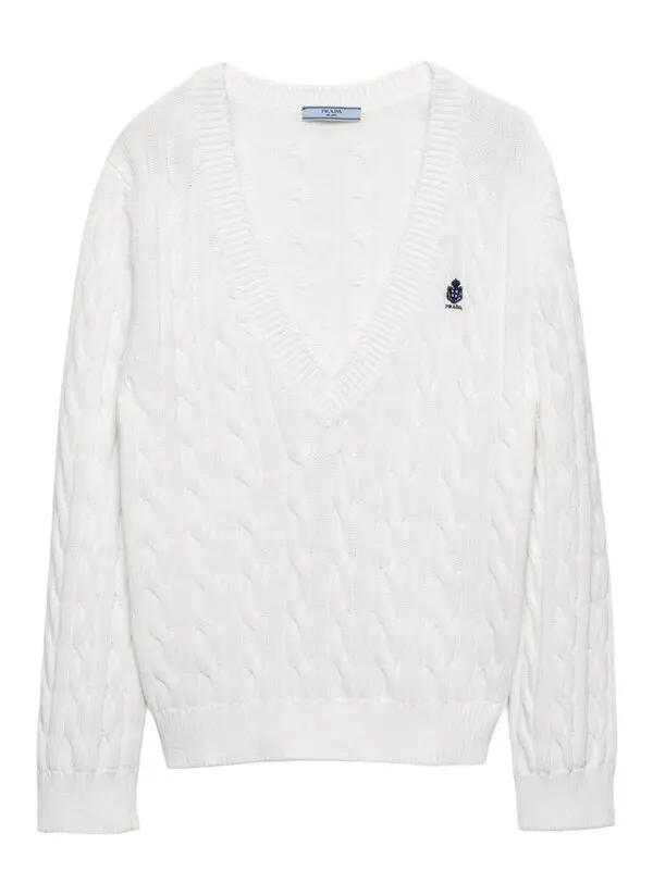 Prada Cable-knit Cotton V-neck Sweater - White
