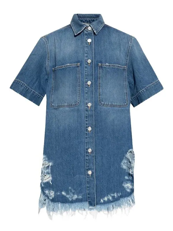 Stella McCartney Ripped-hem Buttoned Denim Shirt Dress - Blue