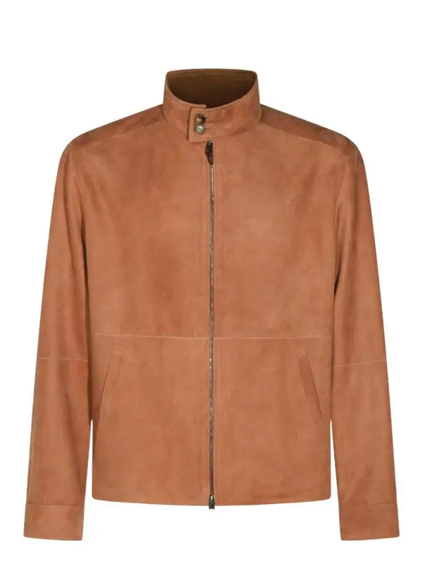Canali Stand Collar Zip Jacket - Brown
