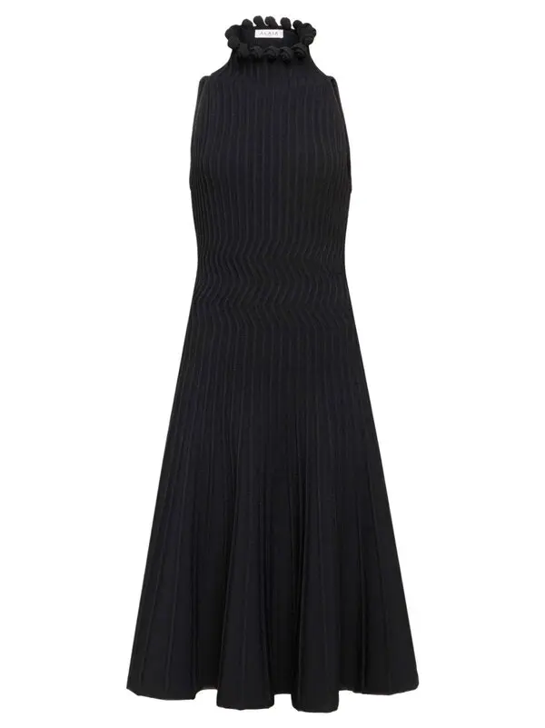 Alaïa Ribbed Knit Curled High-neck Midi Dress - Black