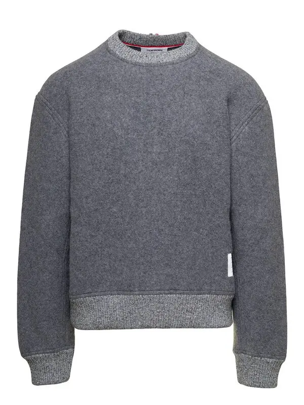 Thom Browne Crewneck Knitted Jumper With Logo Decal And Signature Stripe Detail - Light Gray