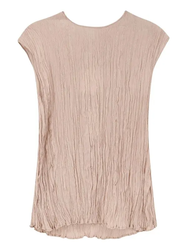 ALYSI Round Neck Pleated Top With Openwork Stripes - Pink