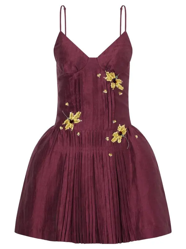 SHUSHU/TONG Pleated Sequined Dragonfly Mini Dress - Wine Red