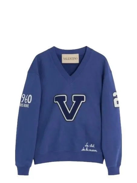 Valentino Garavani V" Logo Printed V-neck Sweatshirt - Blue/white