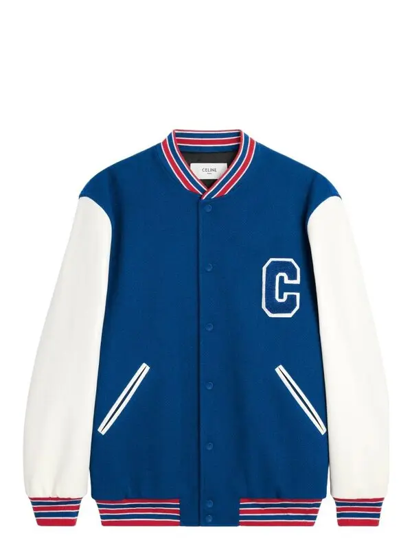 Celine Varsity Jacket In Textured Wool With Contrast Trim - Blue