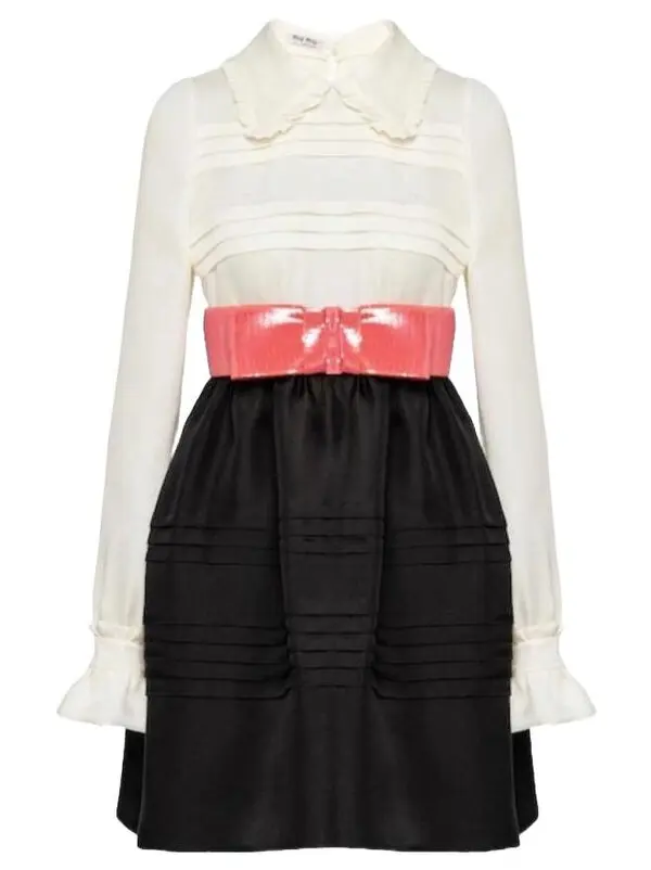 Miu Miu Long Sleeve Shirt Collar Belted Dress - White And Black