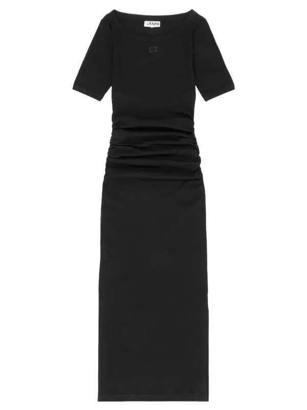 GANNI Soft Cotton Ribbed Ruched Dress - Black