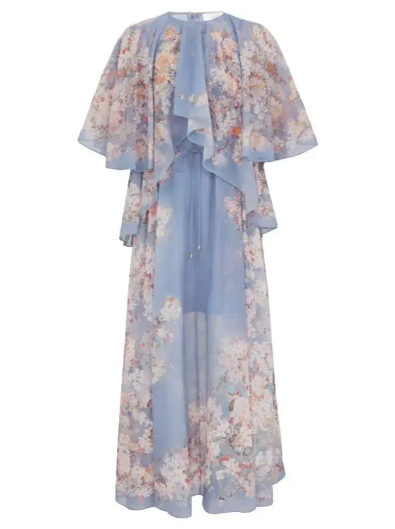 Zimmermann Teal Blue Botanical Floral Tiered Maxi Dress - Gray