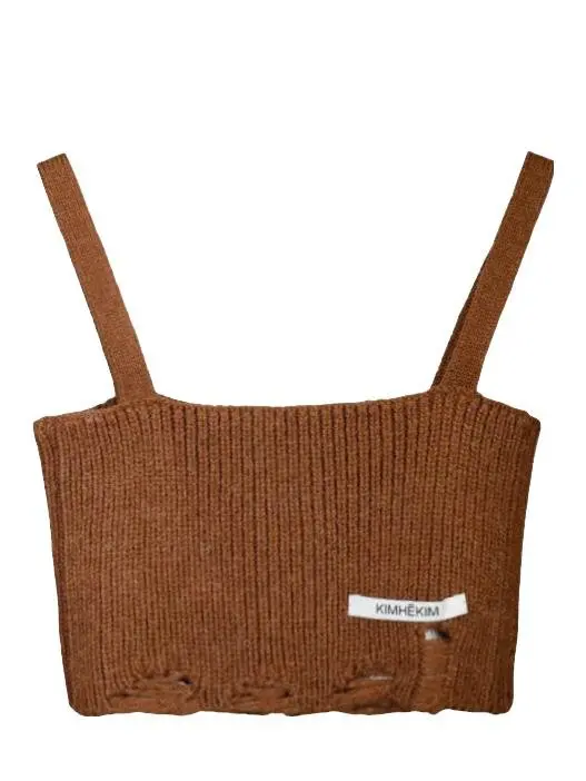 KIMHEKIM Ribbed Knit Top With Thin Shoulder Straps And Zipper Detail - Brown