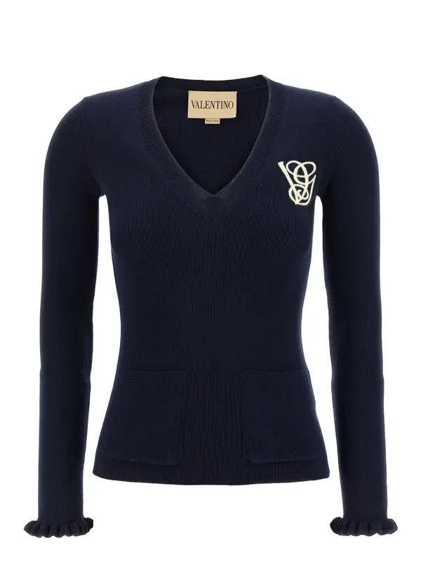 Valentino Garavani V-neck Wool Sweater With Embroidered Logo And Pockets - Blue