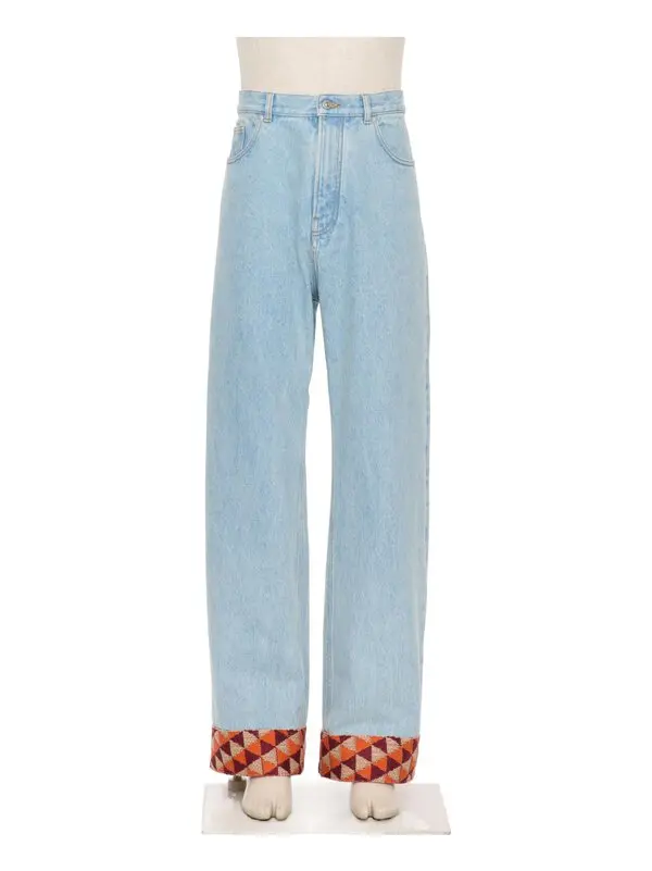 Valentino Garavani Straight Leg Denim Trousers With Jacquard Hem - Blue