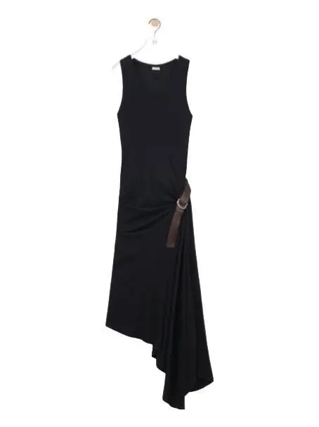 Loewe Asymmetric Ribbed Cotton Tank Dress With Leather Belt - Black