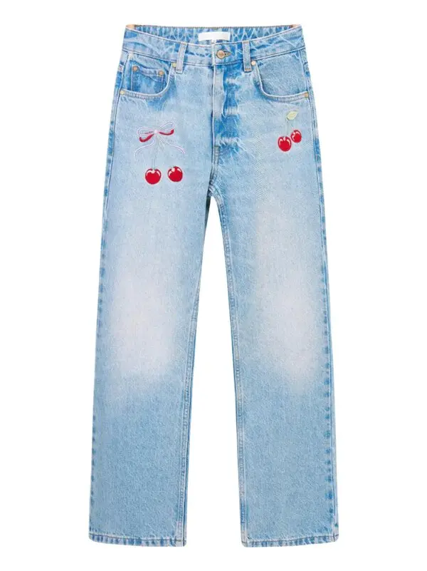 LoveShackFancy Embroidered Light Wash Denim Jeans - Blue