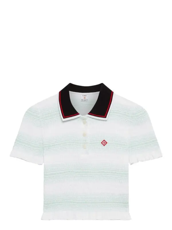 Casablanca Striped Smocked Top With Lapel Collar - Mint Green/white