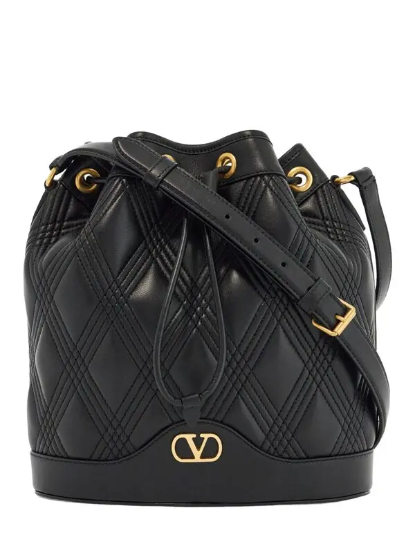Valentino Garavani Vlogo Plaque Quilted Drawstring Shoulder Bag - Black