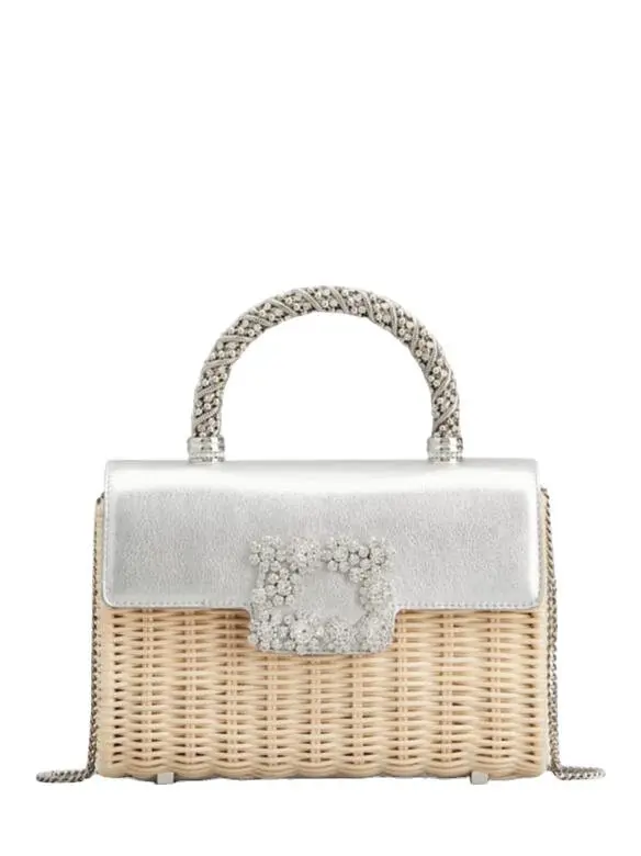 ROGER VIVIER Mini Bag In Leather And Rattan With Jewel Embellishment - Beige